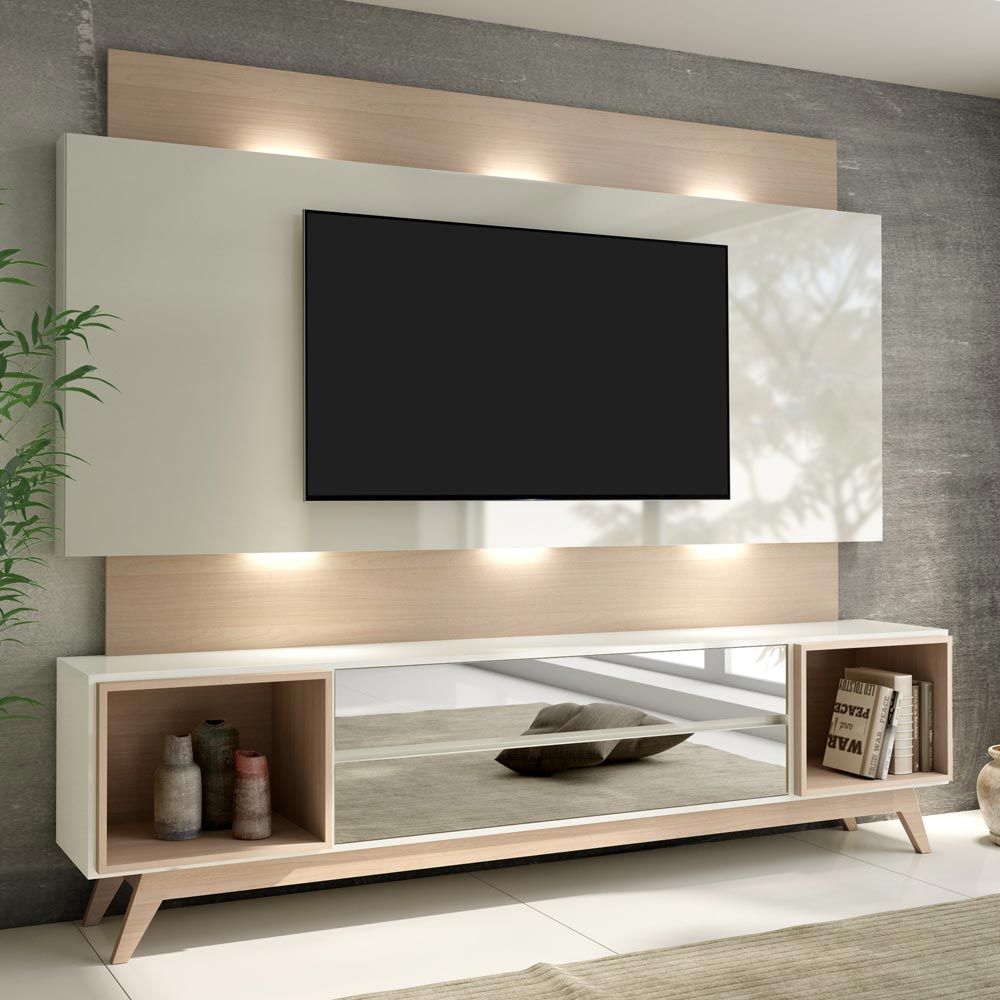 Rack com Painel 2 Gavetas com Led Tb143l Wn2 100% Mdf Off White/Natural ...