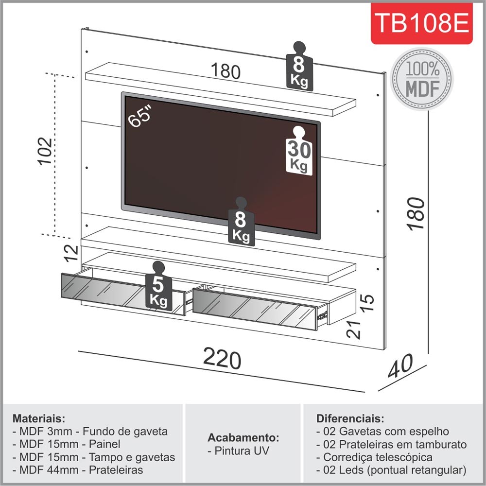 Painel para TV Até 65 Polegadas com Led 2 Gavetas 100% Mdf Tb108e Off ...
