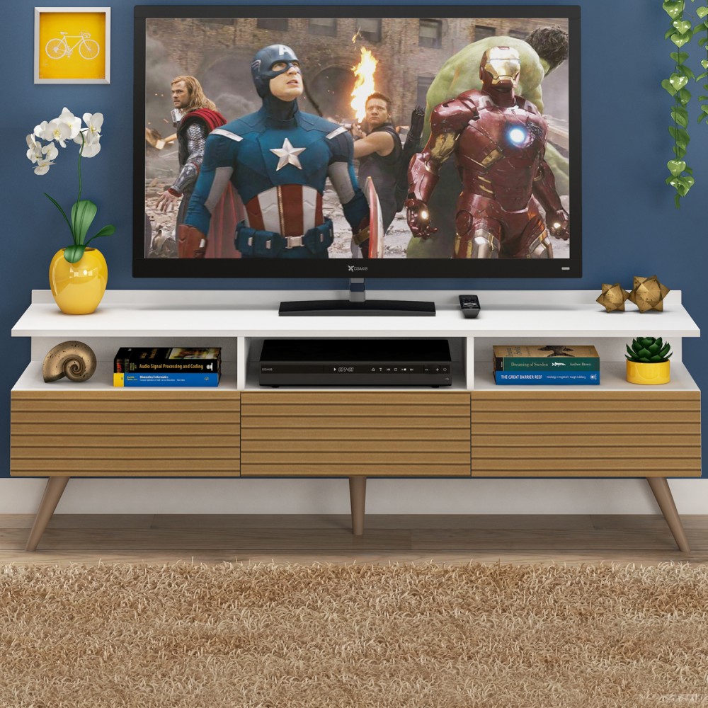 Rack para TV Até 65 Polegadas Paris 3 Portas Branco/Canelado - Fellicci