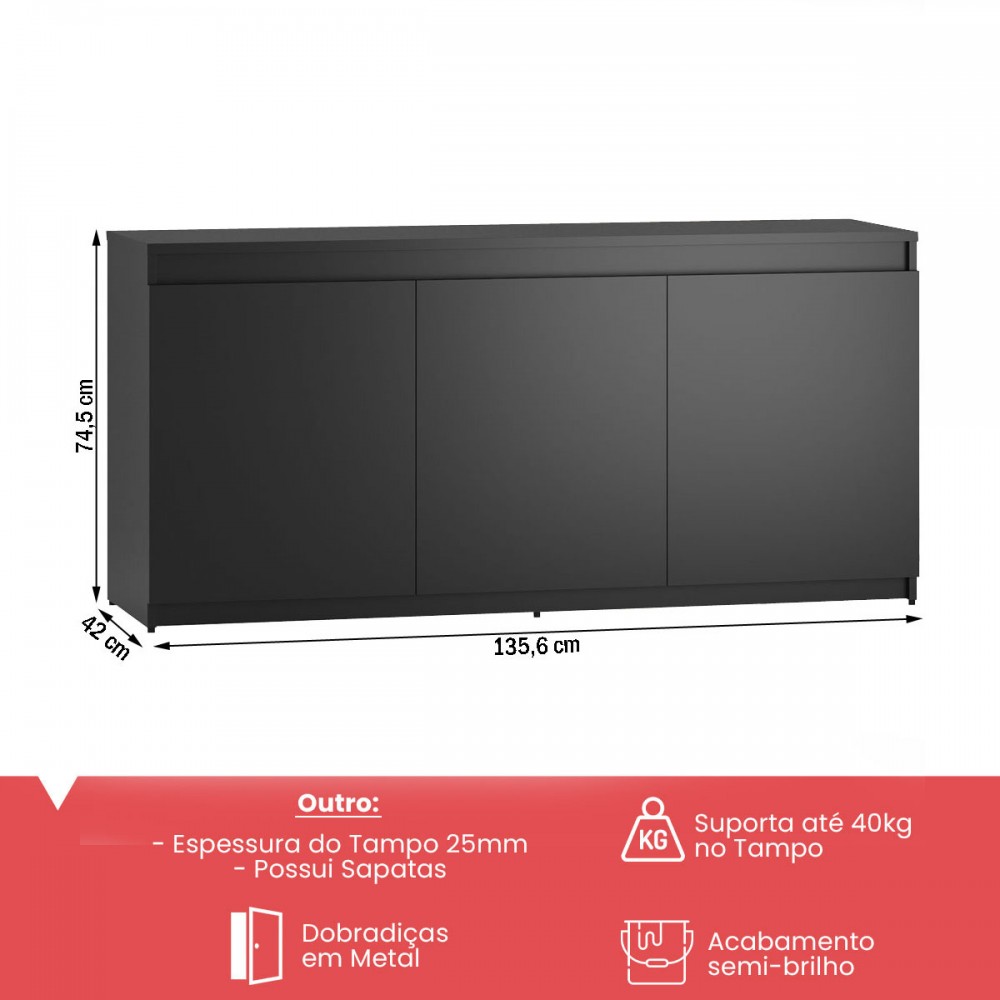 Balcão Buffet 3 Portas Mel Preto - Viero Móveis