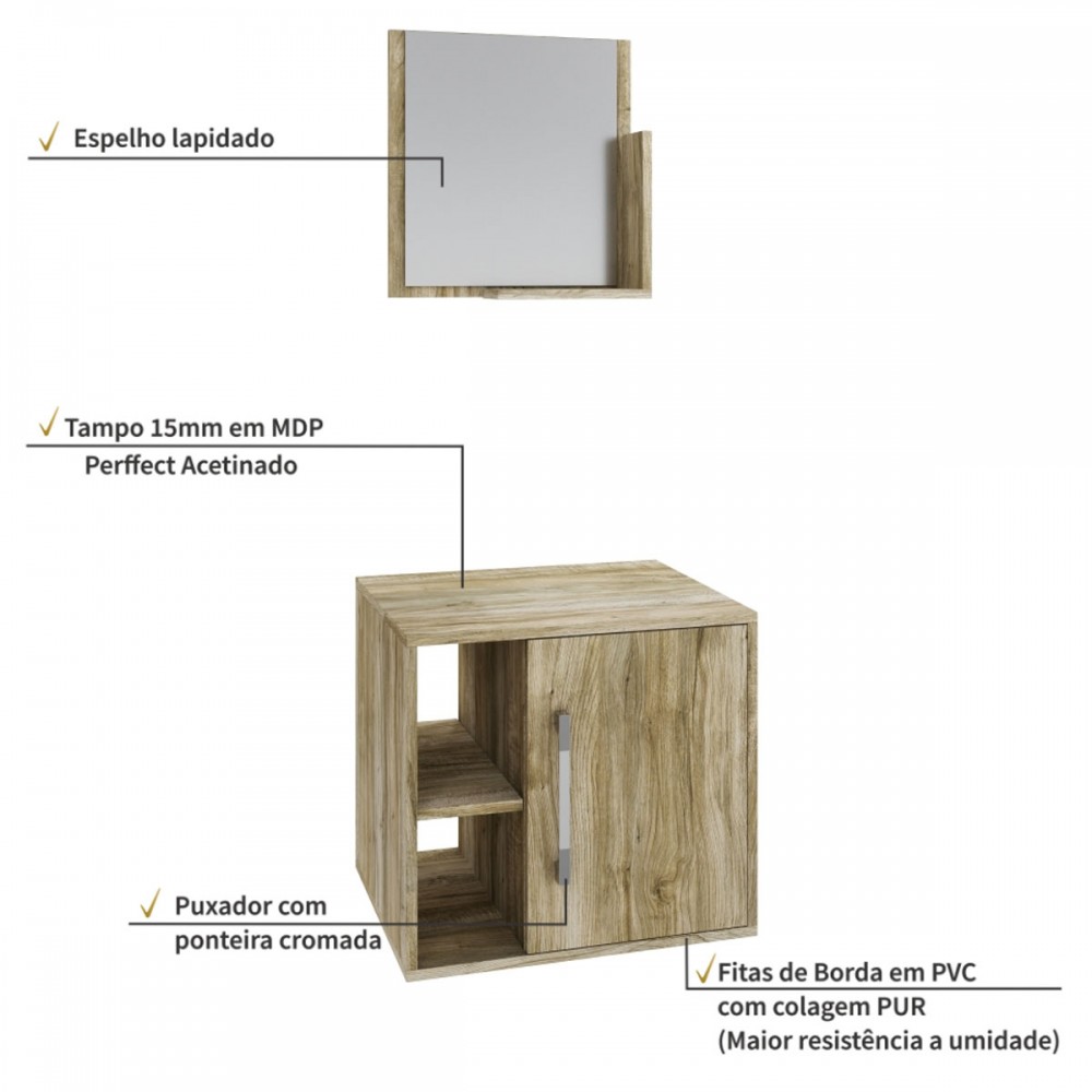 Armário de Banheiro 1 Porta 2 Prateleiras com Espelho Carvalho 14699 ...