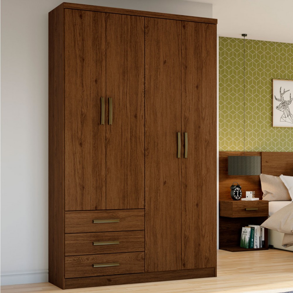 Guarda-Roupa Solteiro City 4 Portas 3 Gavetas Castanho Hp - Henn