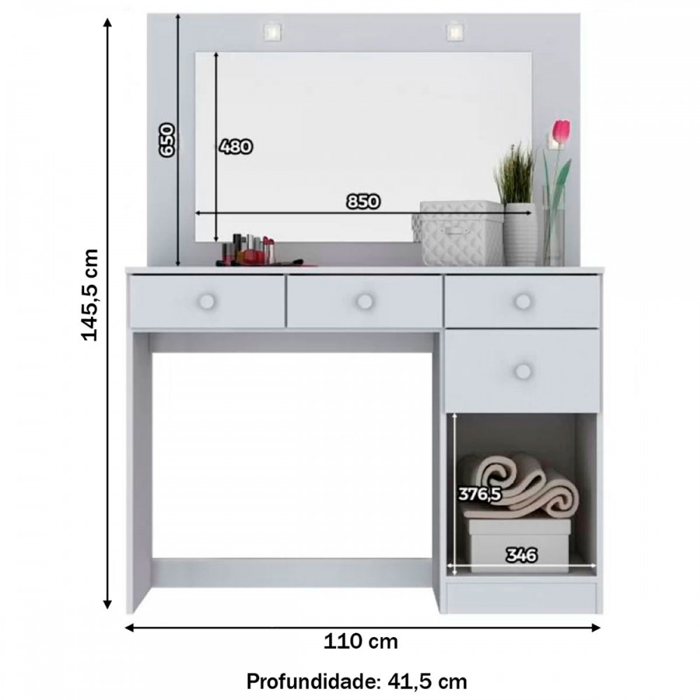 Penteadeira Charme 1 Porta 4 Gavetas com Espelho Branco Hp - Henn