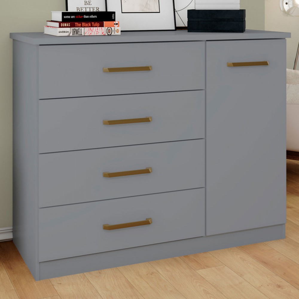 Cômoda Mila 1 Porta 4 Gavetas Cinza - Henn