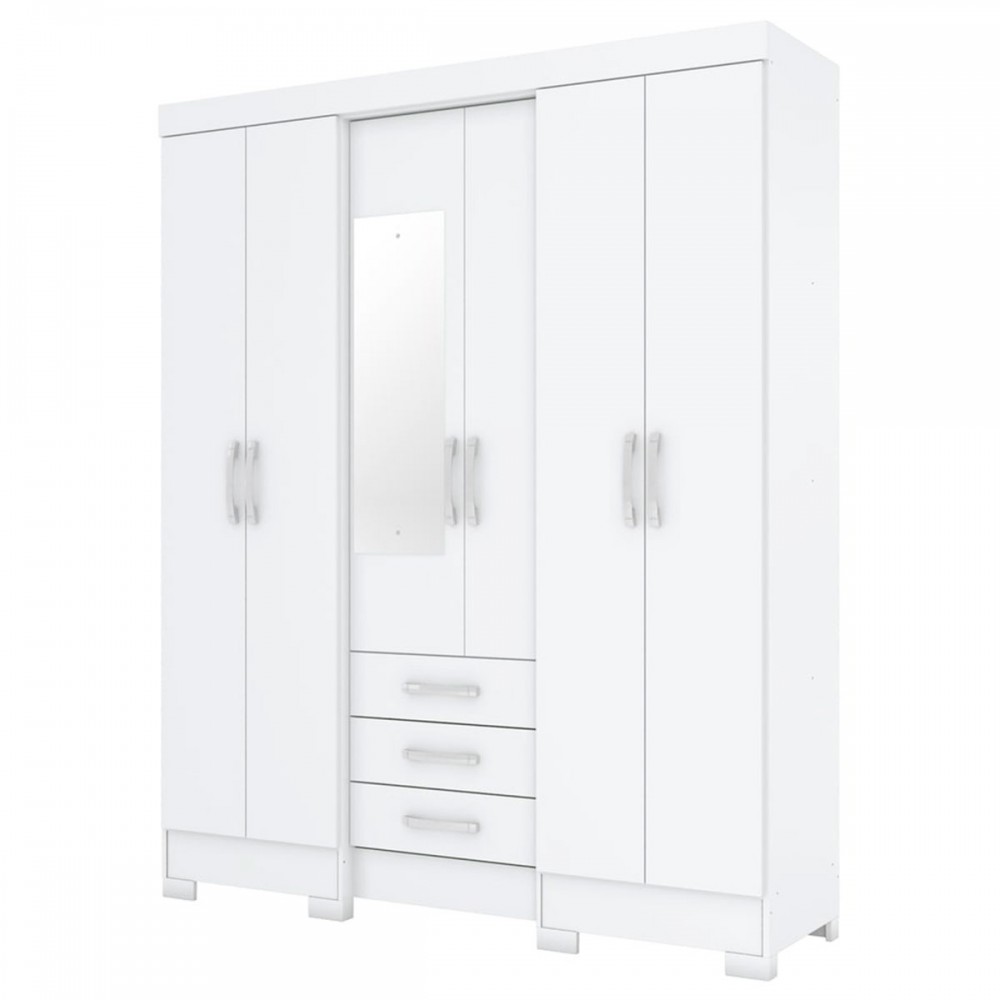Guarda-Roupa Solteiro Mentor 6 Portas 3 Gavetas com Espelho Branco - Briz