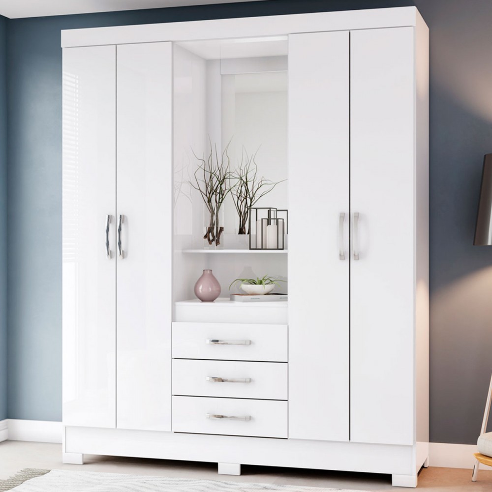 Guarda-Roupa Solteiro Nápole 4 Portas 3 Gavetas com Espelho Flex Branco ...