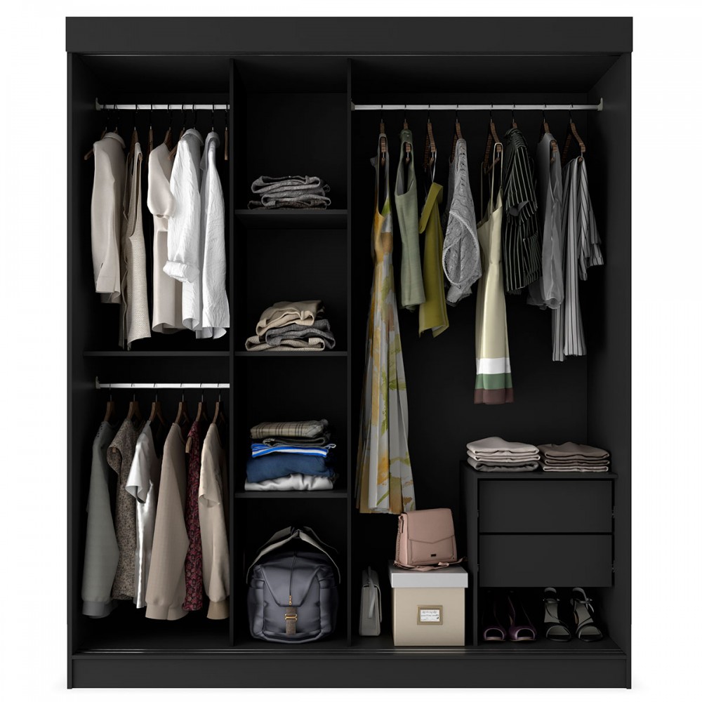 Guarda-Roupa Casal Dublin 3 Portas 2 Gavetas com Espelho Preto - Fama ...