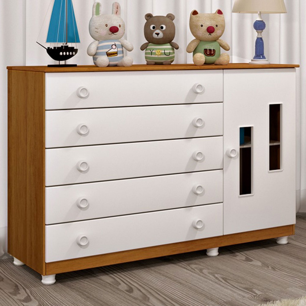 Comoda Infantil Evolution 1 Porta 5 Gavetas com Pés Cinamomo/Neve ...