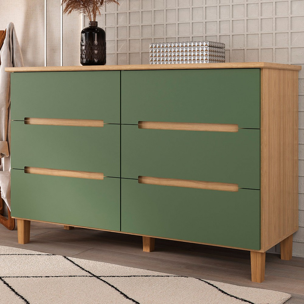 Cômoda Logan 6 Gavetas Olmo Italiano/Verde - Mambel