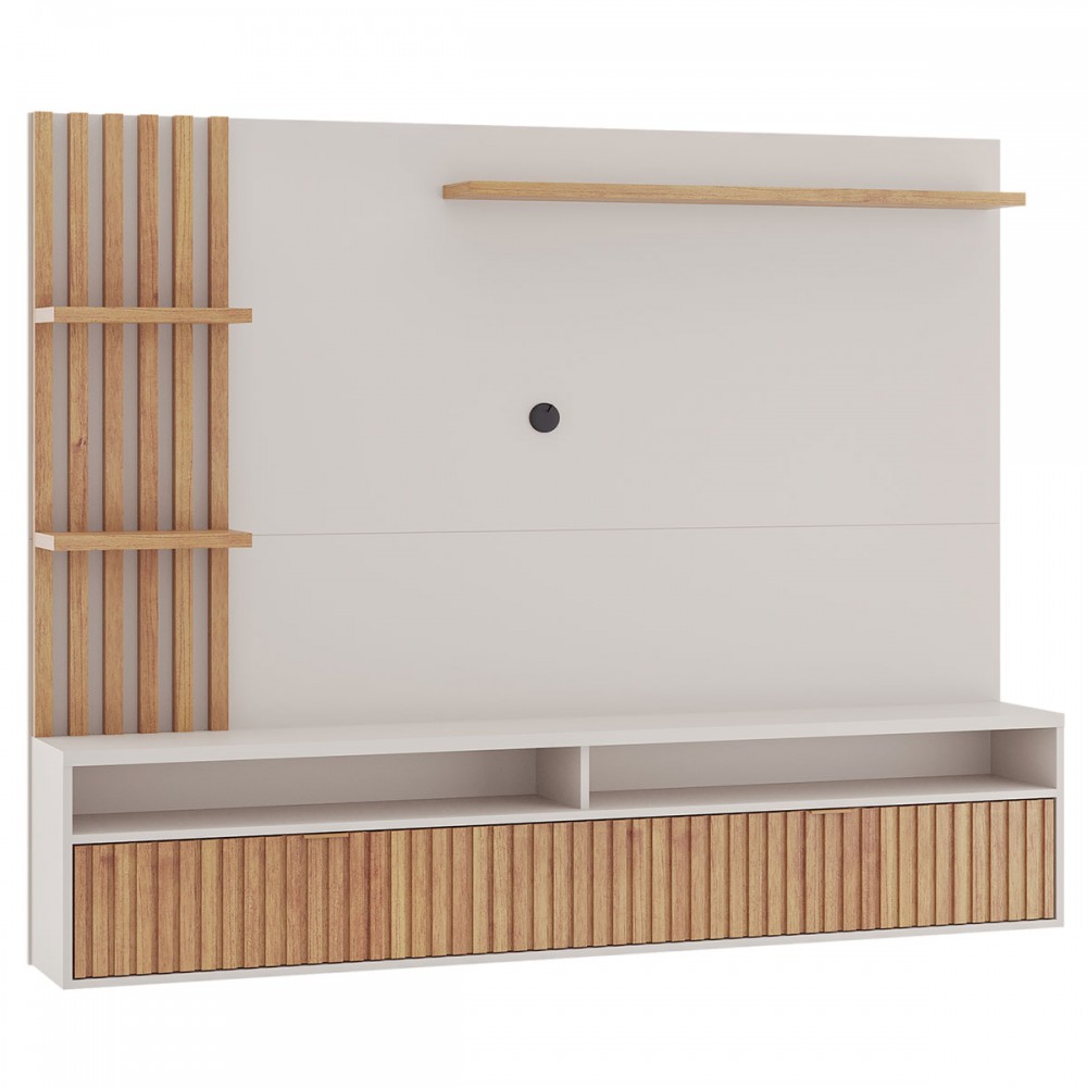 Painel para TV Até 65 Polegadas Dell 1 Porta 3 Prateleiras Ripado Off White/Mel - Viero Móveis
