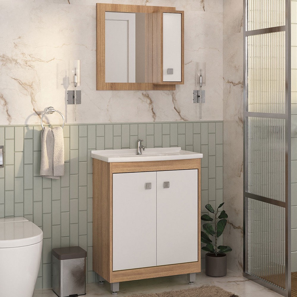 Armário de Banheiro 60 Cm 3 Portas com Cuba Castanho/Branco 00119 ...