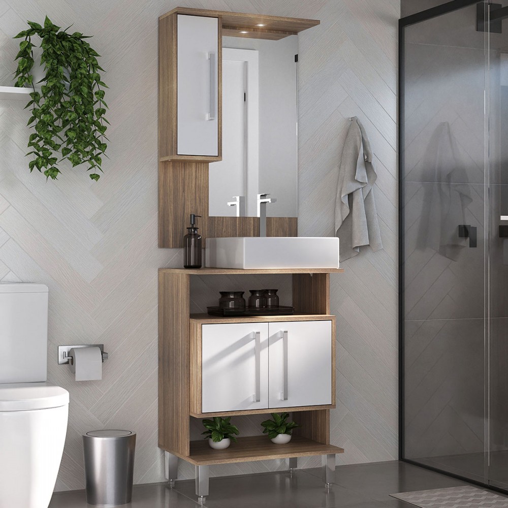 Armário de Banheiro 60 Cm 3 Portas com Cuba Castanho/Branco 000122 ...
