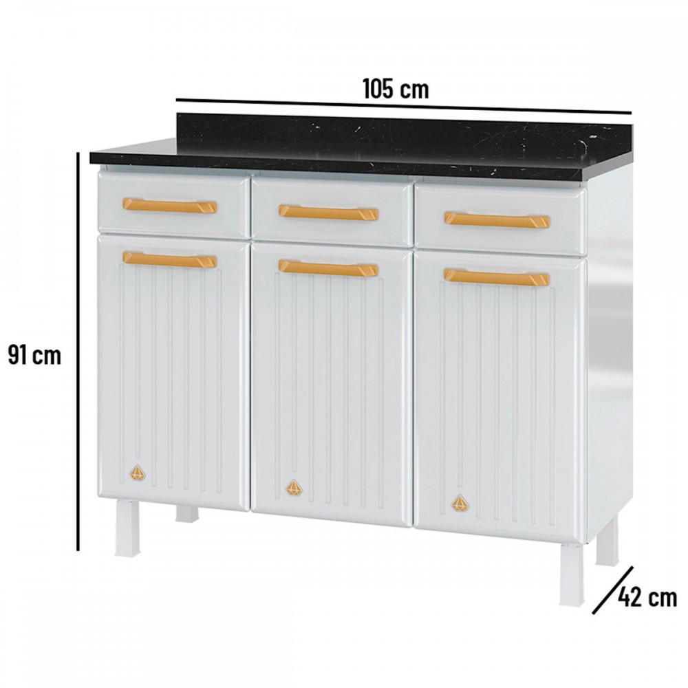 Balcão de Cozinha em Aço Diamante 3 Portas 3 Gavetas Branco 818108 ...