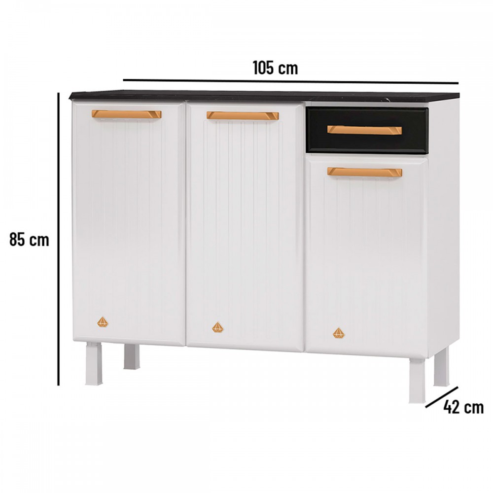 Balcão de Cozinha em Aço Diamante 3 Portas 1 Gaveta Branco/Preto 818134 ...