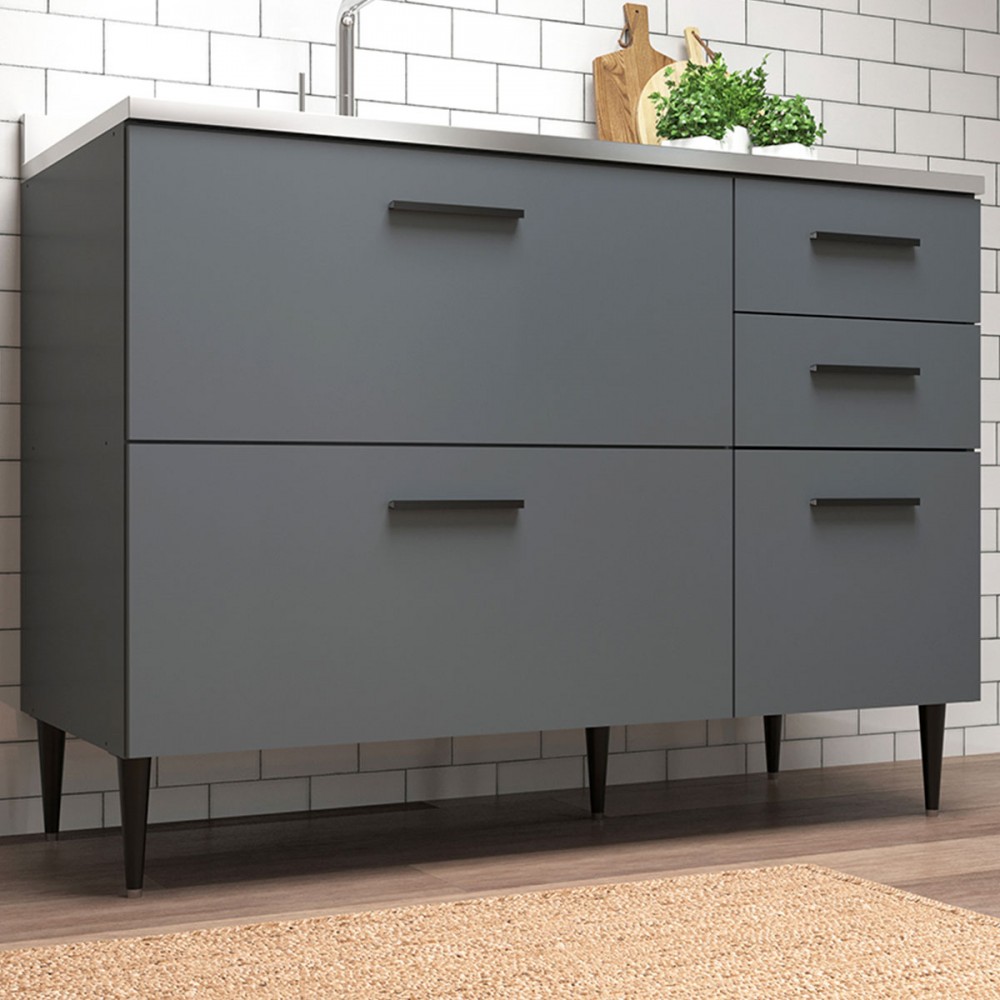 Balcão de Cozinha para Pia Barbara 3 Portas 2 Gavetas Grafite - Móveis Sul