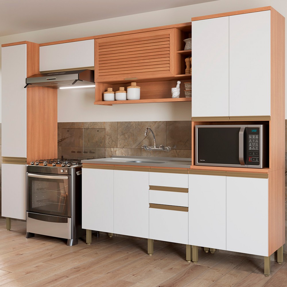 Cozinha Completa Macadâmia 10 Portas 3 Gavetas Freijó/Branco 914428 ...