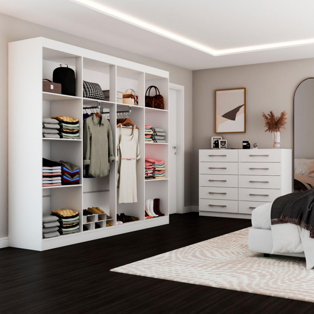 Quarto de Casal Ele e Ela Closet 8 Prateleiras Cômoda 10 Gavetas Branco ...