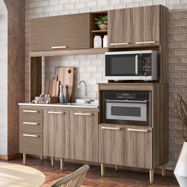 Cozinha Compacta Piatã 7 Portas 3 Gavetas 100% Mdf Carvalho Nature ...