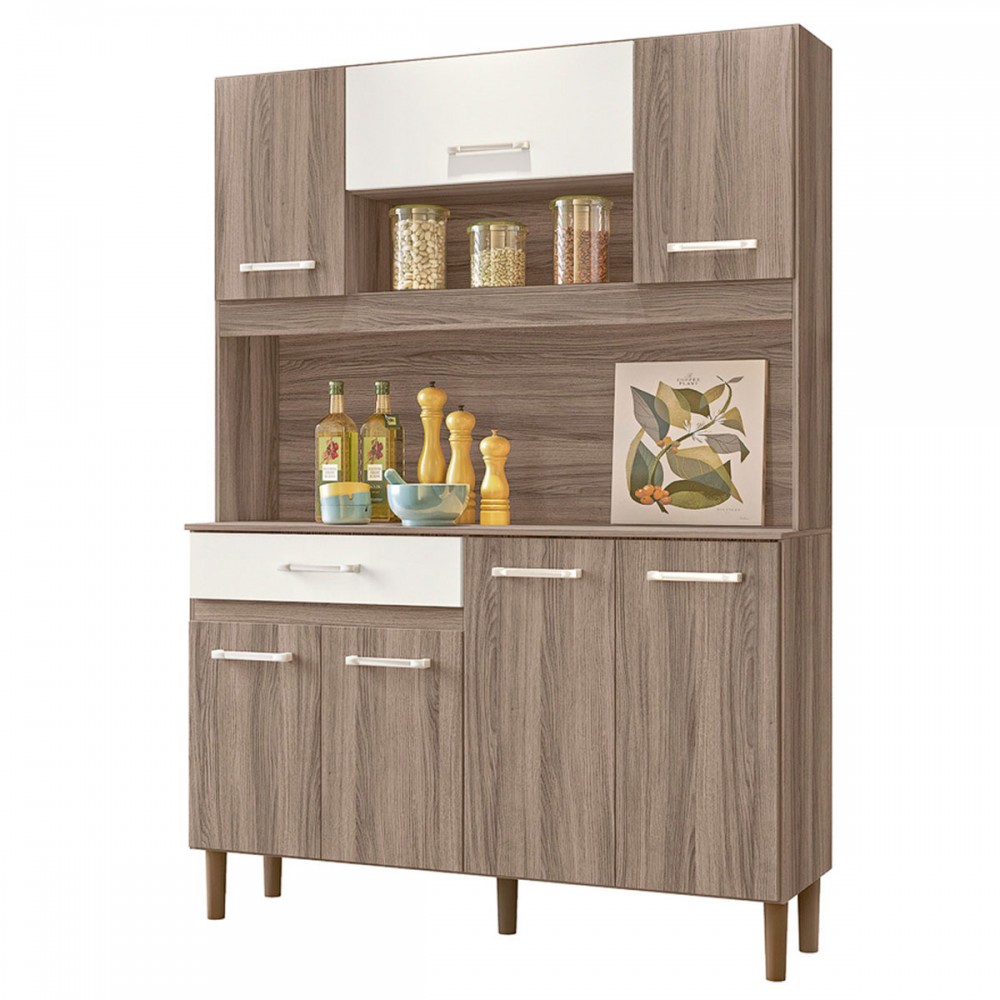 Cozinha Compacta Magazin 7 Portas 1 Gaveta Carvalho Nature/Off White Cristal - Nicioli